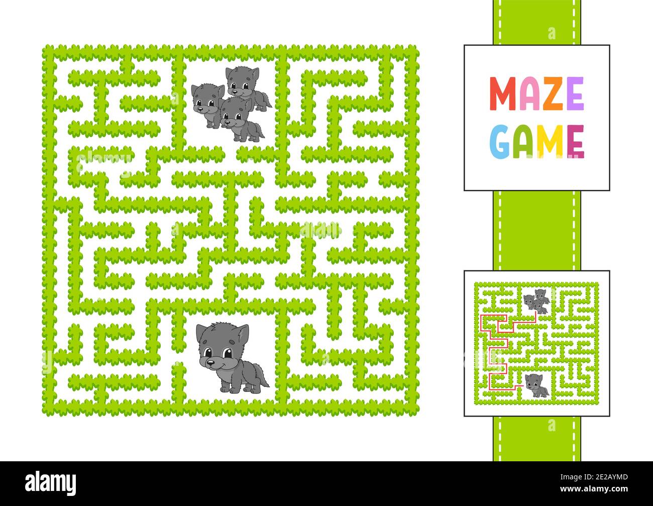 Funny square maze. Game for kids. Animal wolf. Puzzle for children ...