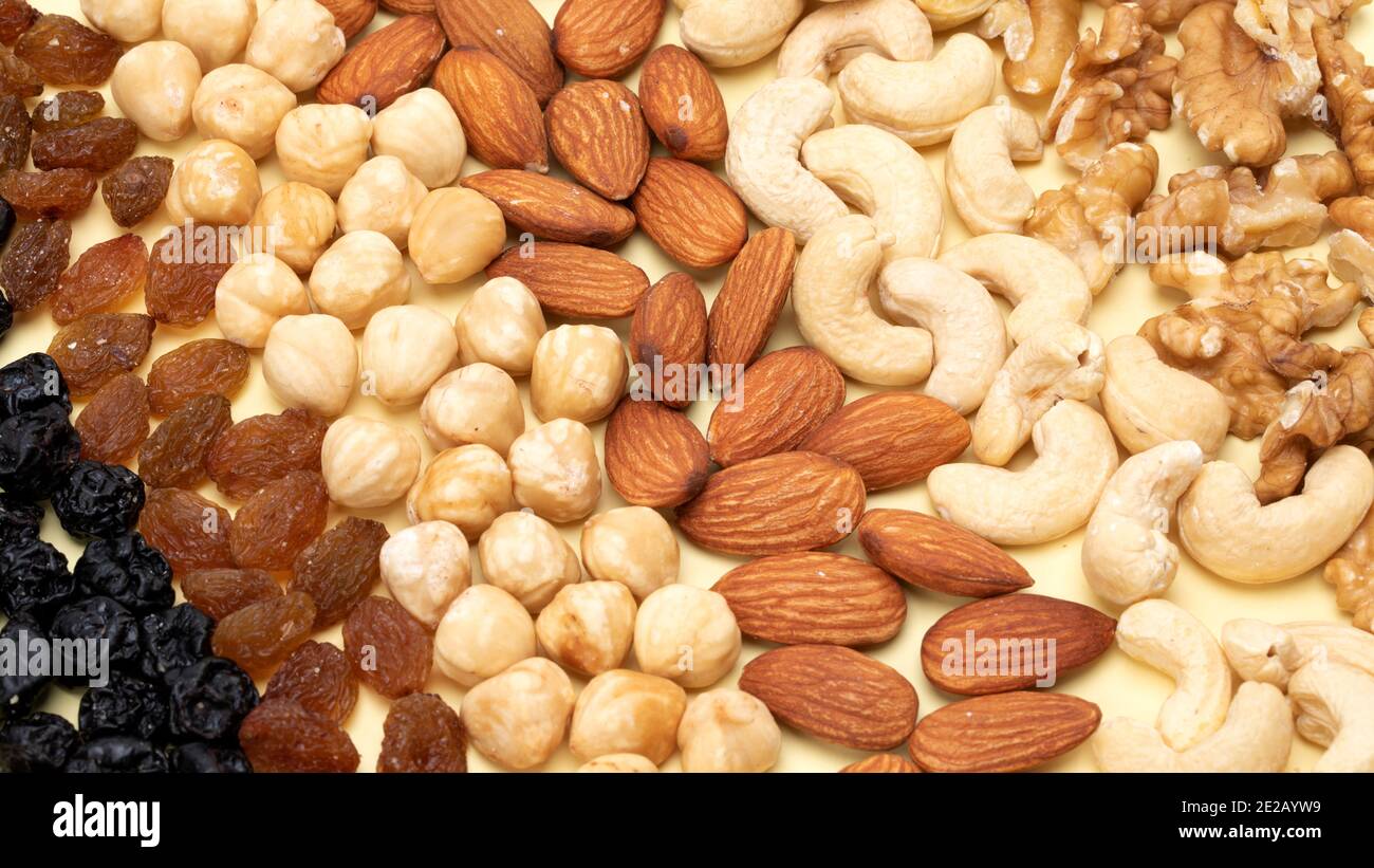 High angle shot of rows of different nuts and seeds Stock Photo - Alamy