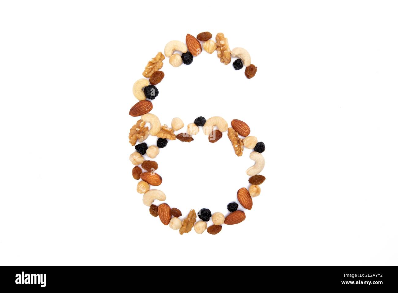 High angle shot of nuts and seeds shaped like the number 6 Stock Photo ...