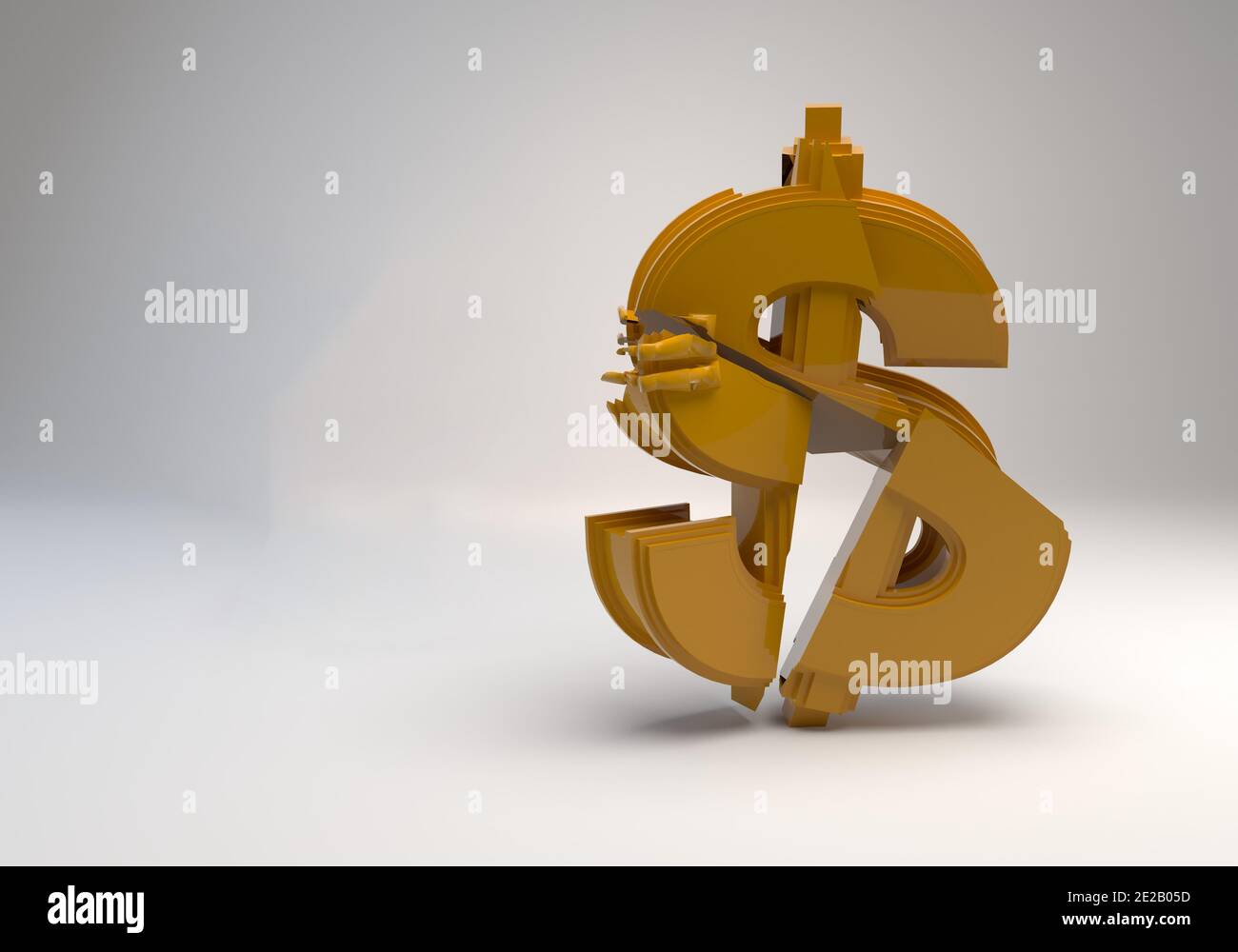 3D rendering of a destroyed golden dollar in the light background with ...