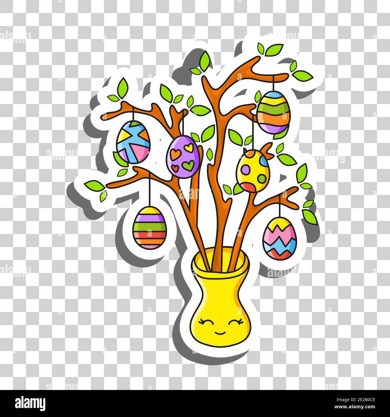 Cute cartoon character. Easter egg tree. Sticker with contour. Colorful ...