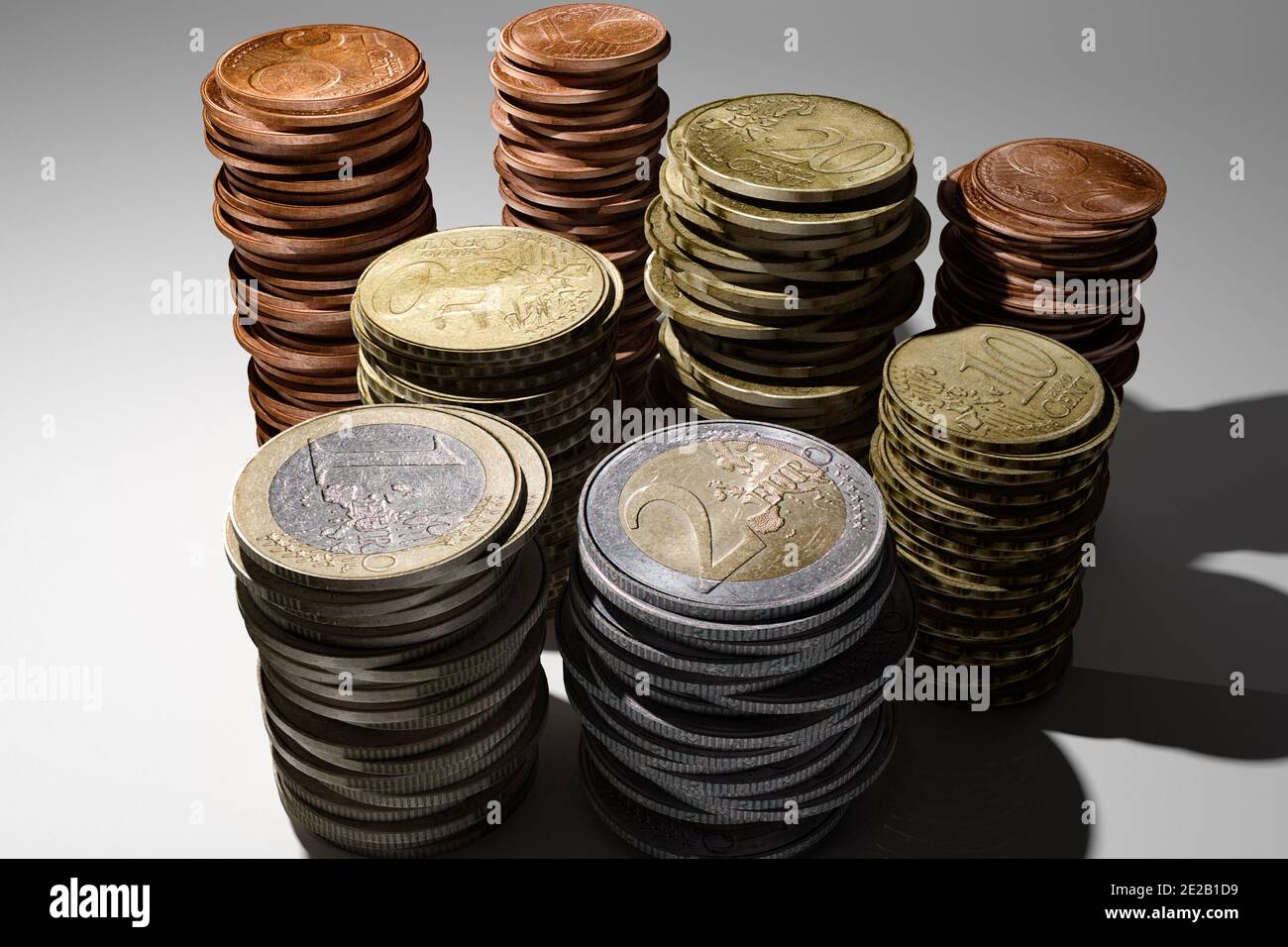 3d render of all Euro coins showing as a stack, with a gray background ...