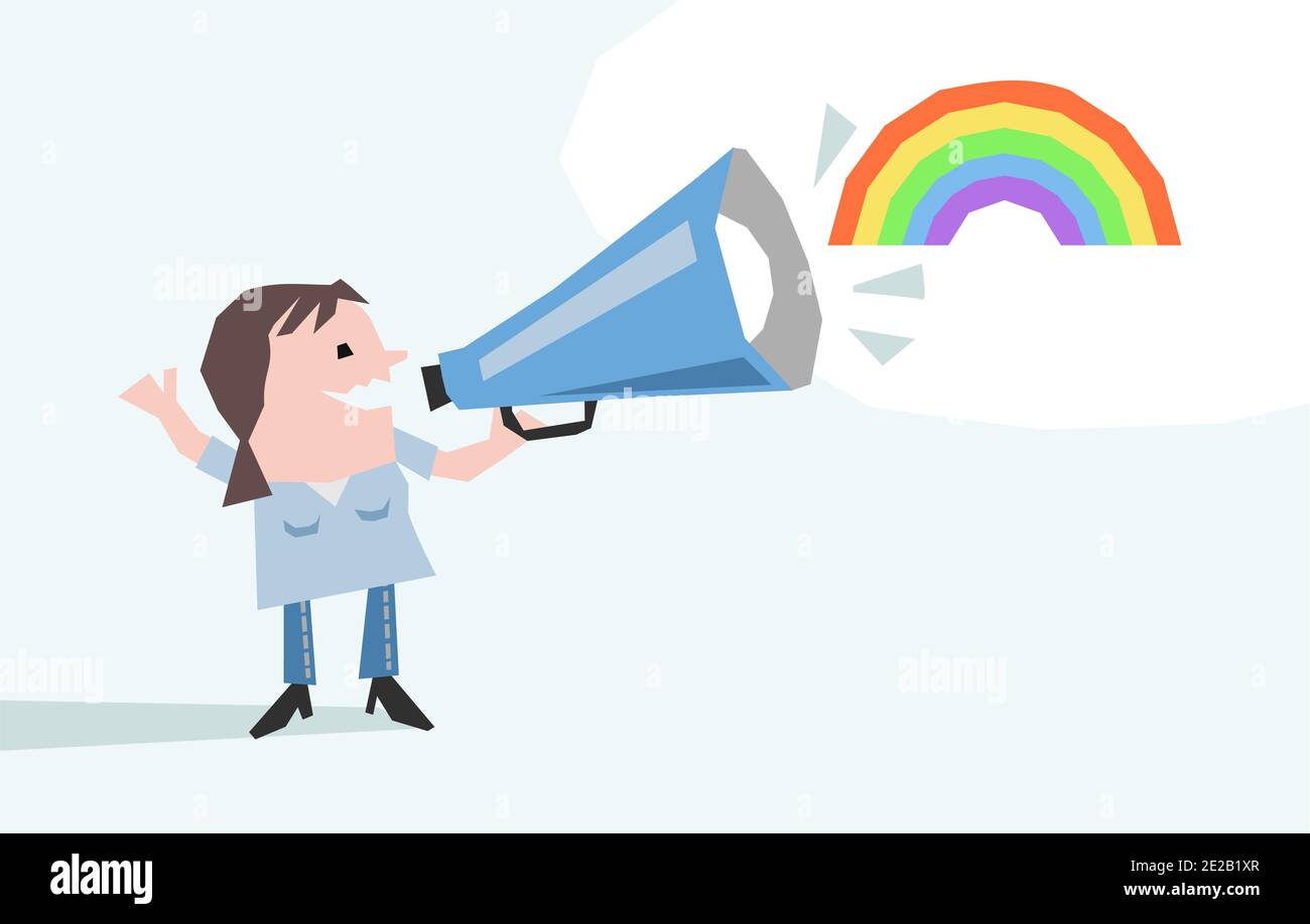 illustrated Cartoon Woman with megaphone, giving a Hope Message Stock ...