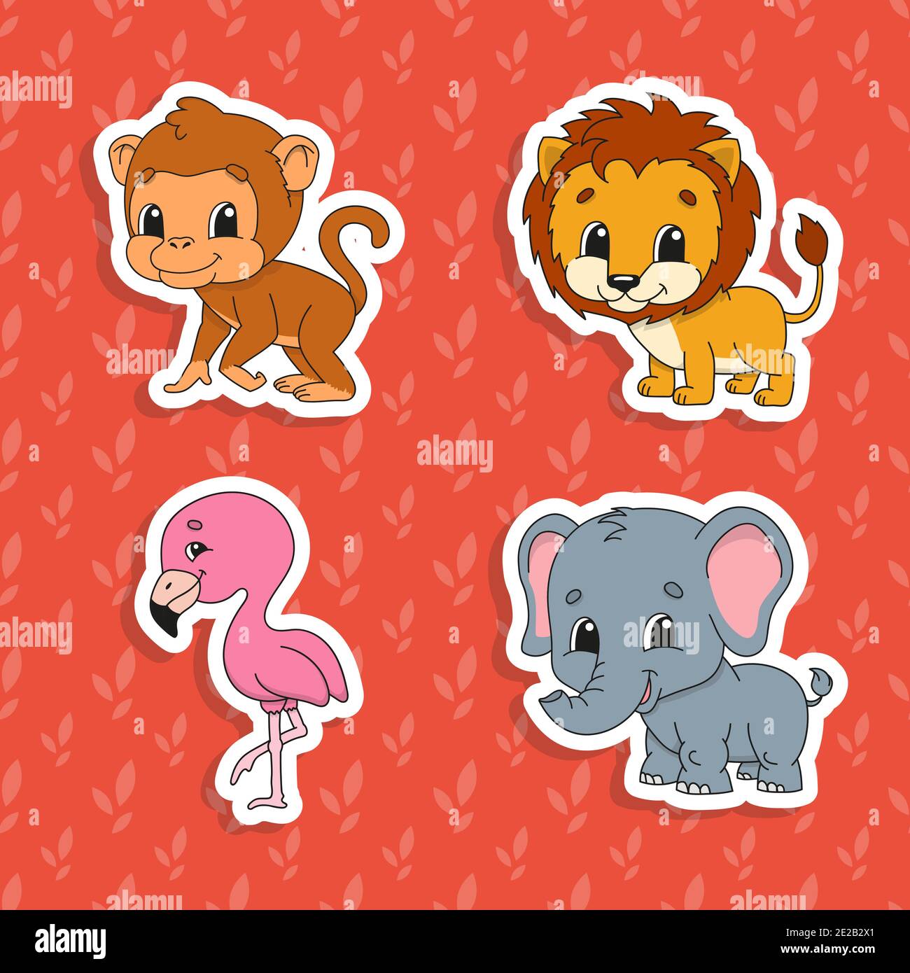 Set of bright color stickers. Orange lion. Brown monkey. Pink flamingo ...