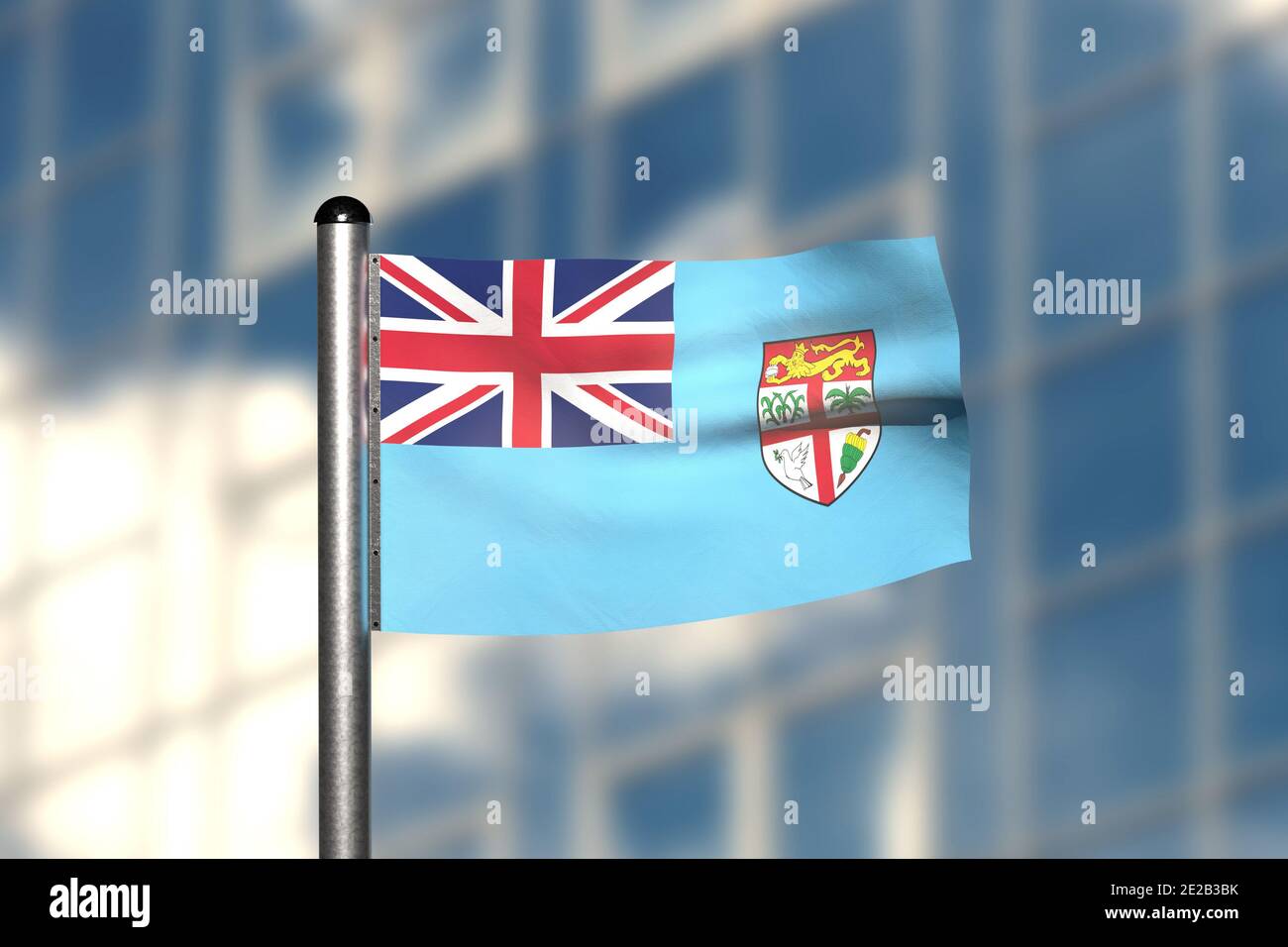3d render of an flag of Fiji, in front of an blurry background, with a ...