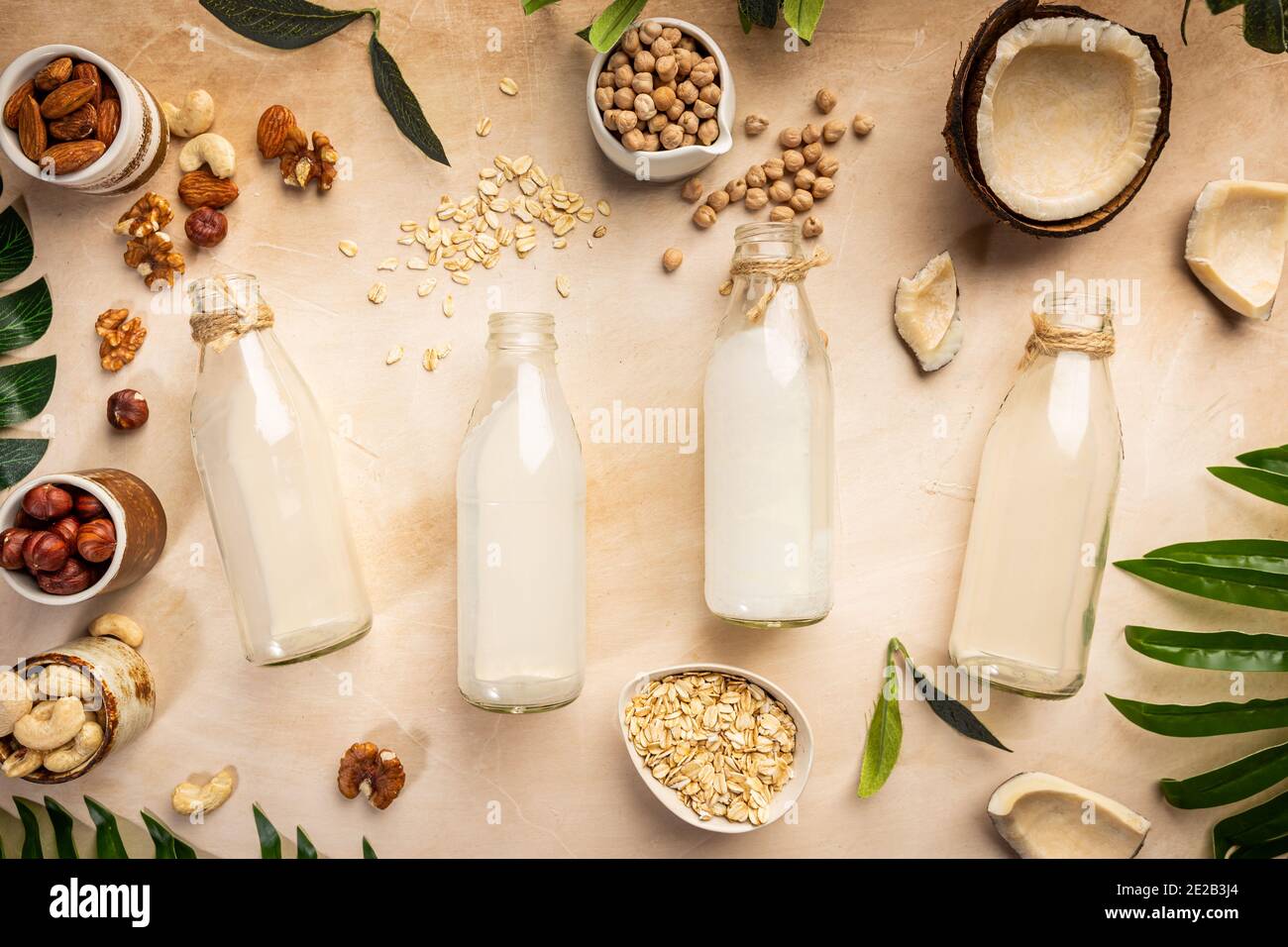 Vegan non dairy plant based milk in bottles and ingredients on light ...