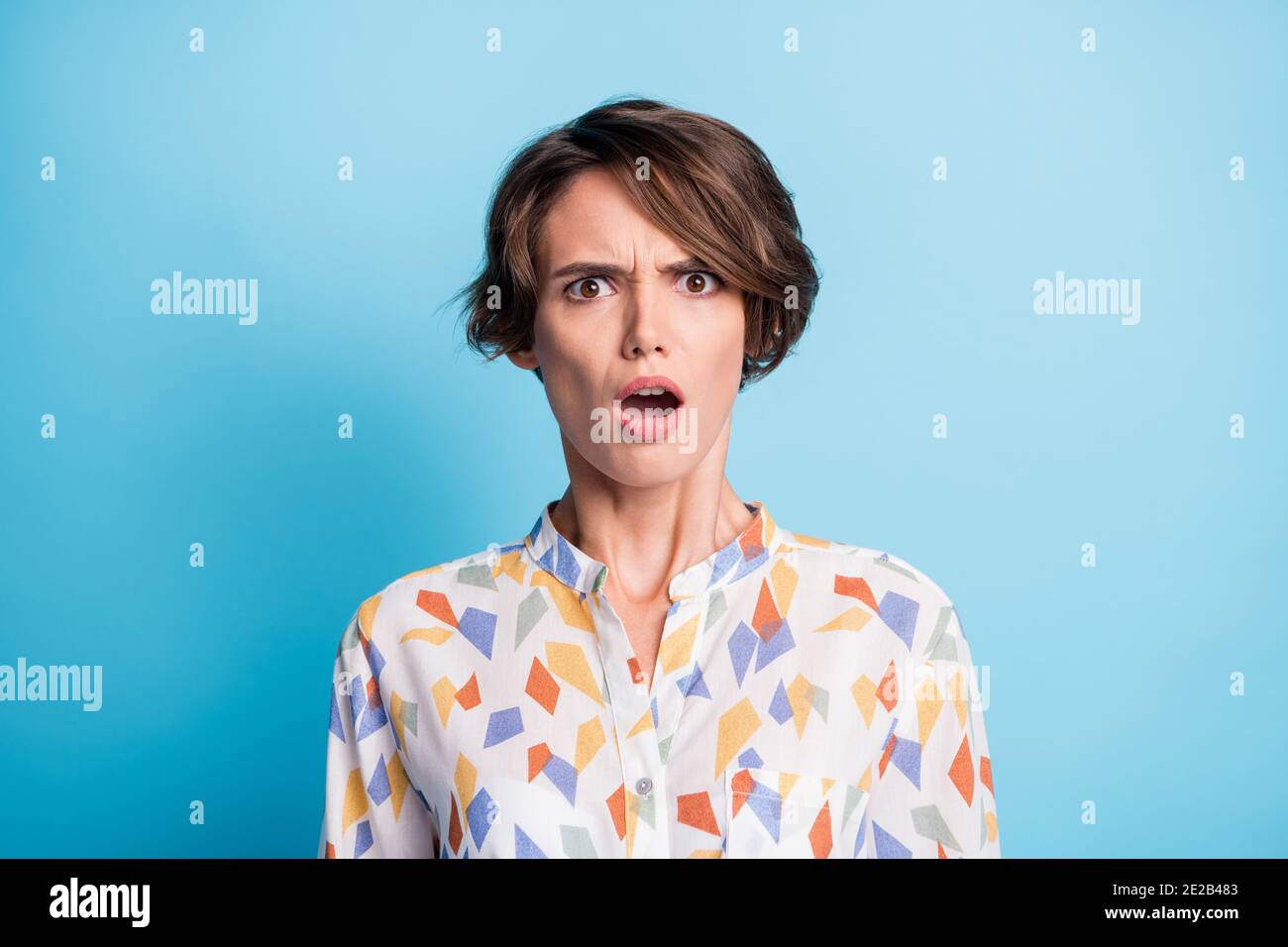 Photo of shocked surprised young attractive woman fake news reaction ...