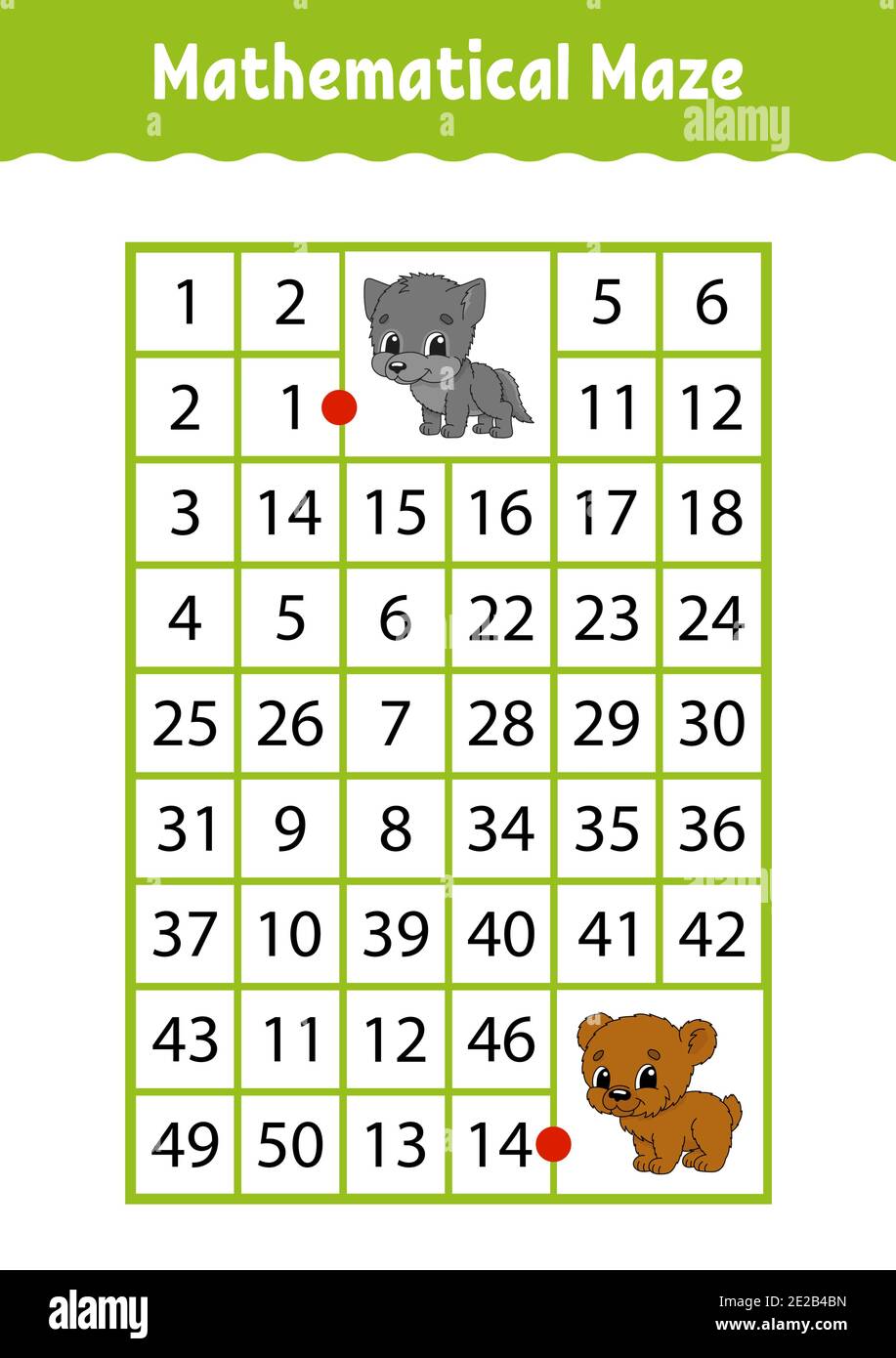 Mathematical rectangle maze. Wolf and bear. Game for kids. Number ...
