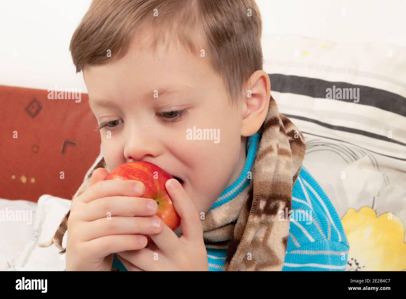 sick child boy in blue sweater and scarf in bed eating red apple Stock ...