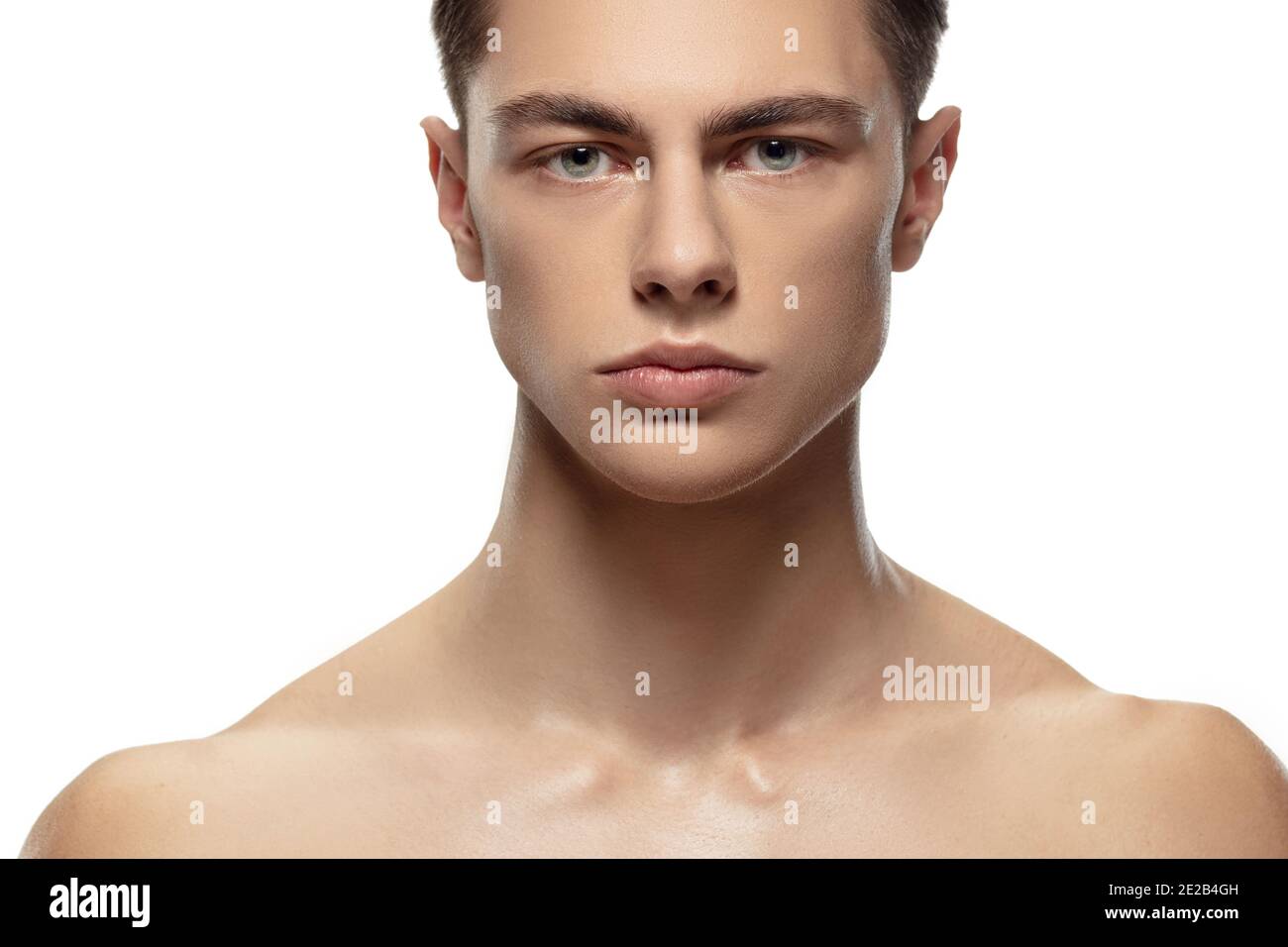 Neck. Portrait of young man isolated on white studio background ...