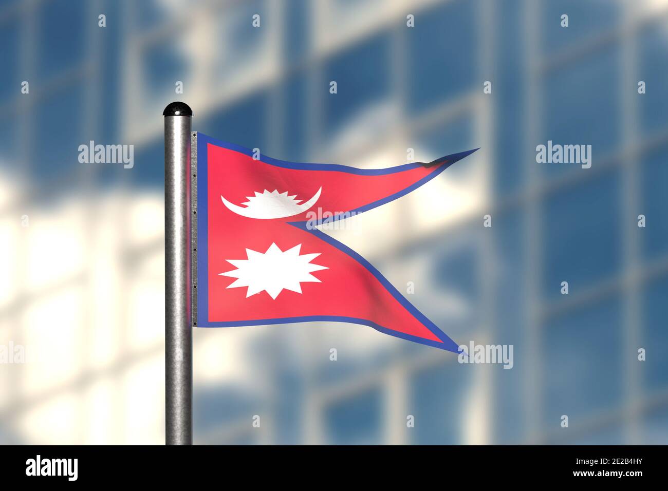3d render of an flag of Nepal, in front of an blurry background, with a ...