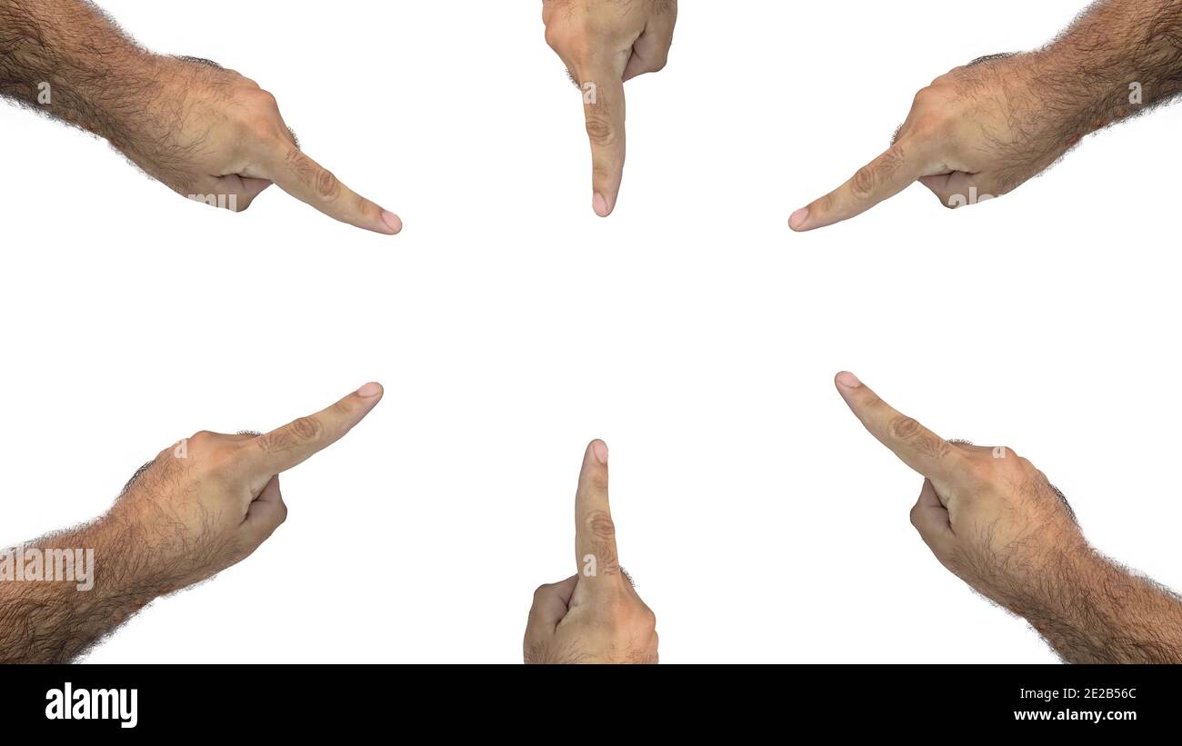 Shot of male hands pointing to the center of the photo on a white ...