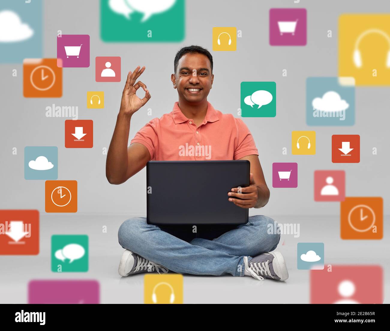 happy indian man with laptop computer showing ok Stock Photo - Alamy
