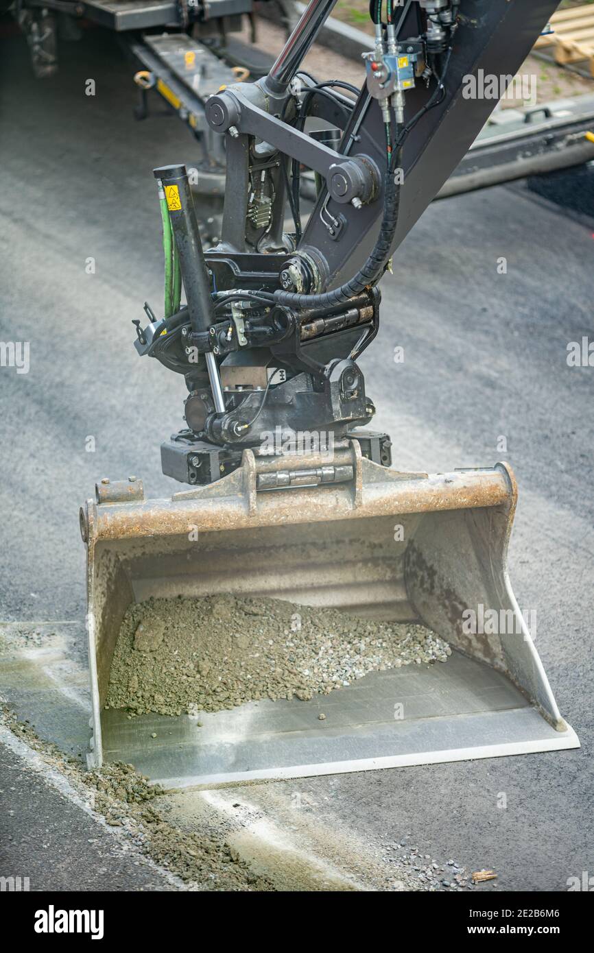 Working excavator loader machine at demolition construction site Stock ...