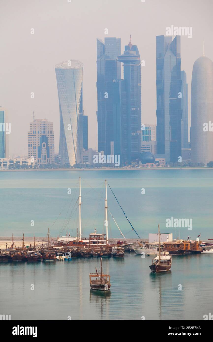 Qatar, Doha, Looking across Doha Bay to skyscrapers of West Bay Stock ...