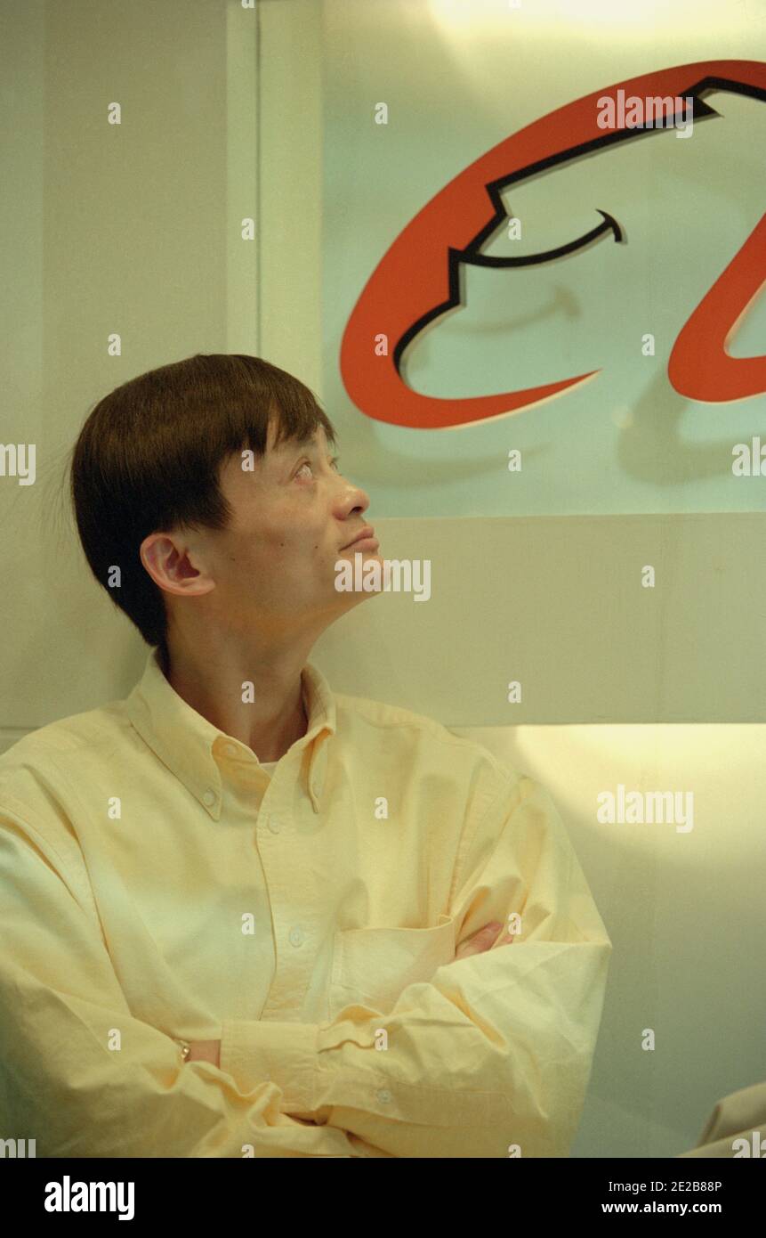 Jack Ma, the co-founder of Alibaba Group, poses in front of the Alibaba ...