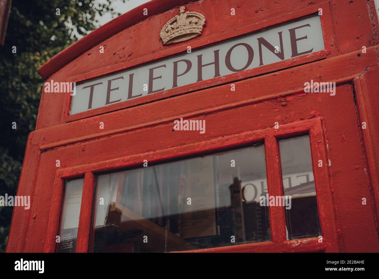 Combe St Nicholas, UK - July 25, 2020: Close up of book exchange inside ...