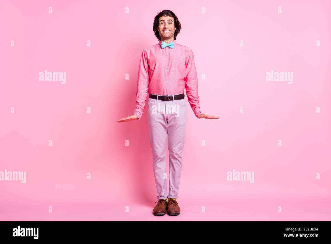 Full size photo of happy positive young gentleman beaming smile shy ...