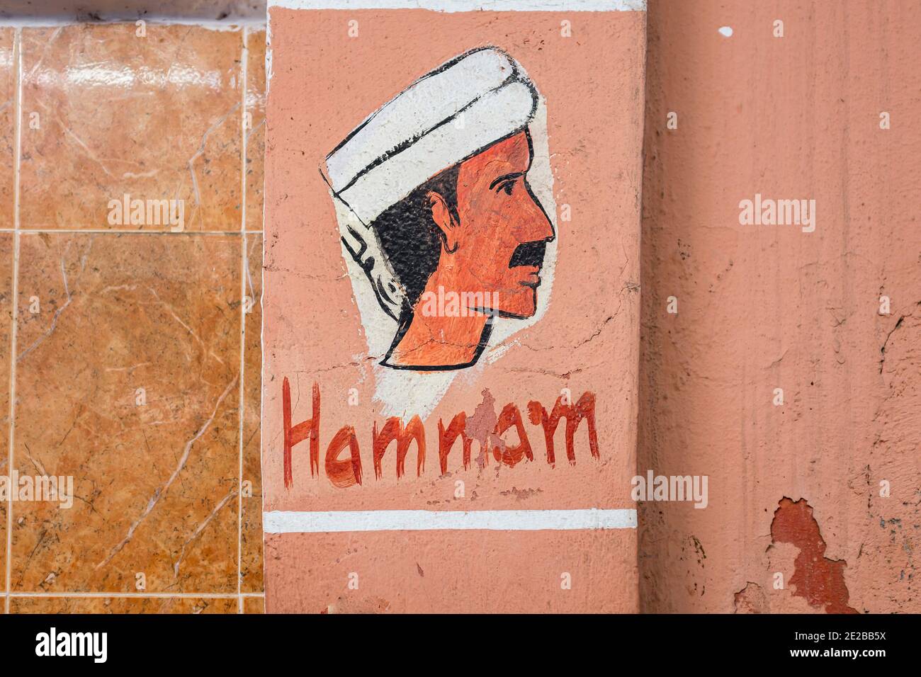 Sign at the entrance to a male hammam, or bath house, in the medina of ...