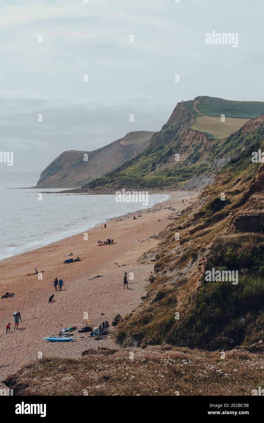 Eype Beach, UK - July 25, 2020: Scenic view of Thorncombe Beacon hill ...