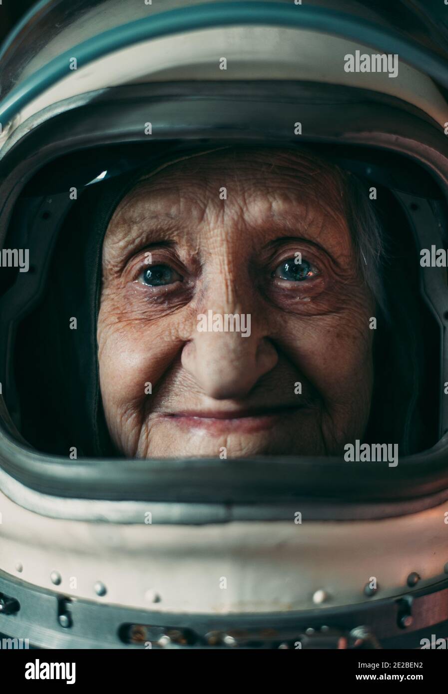 Cinematic portrait of an old astronaut coming back home. Grandmother ...