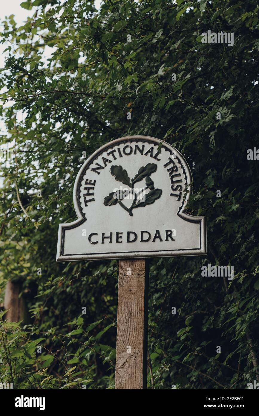 Cheddar, UK - July 26, 2020: The National Trust sign at the entrance to ...