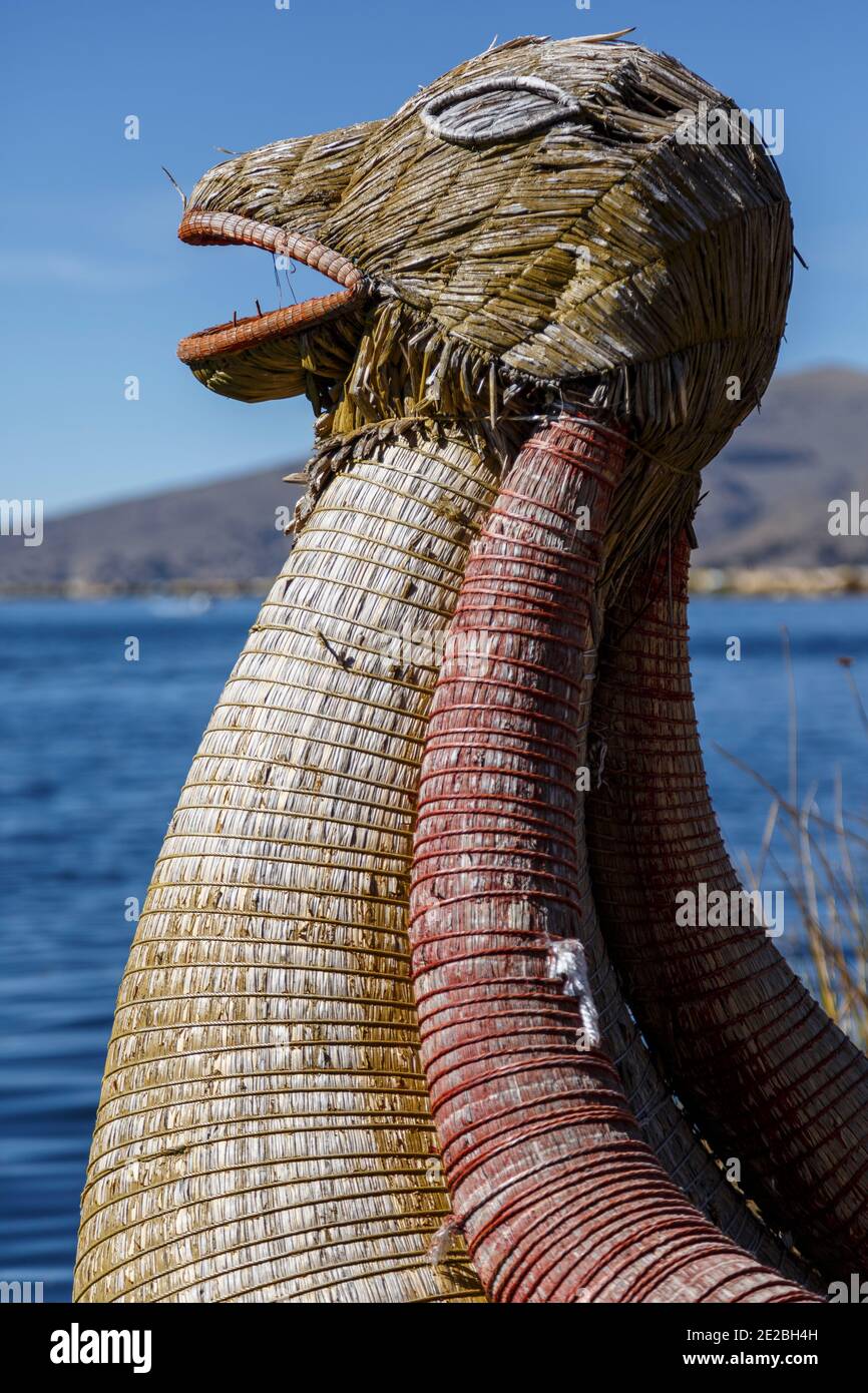 Figure-head, totora reed boat, Uros Islands, Lake Titicaca, Puno, Peru ...