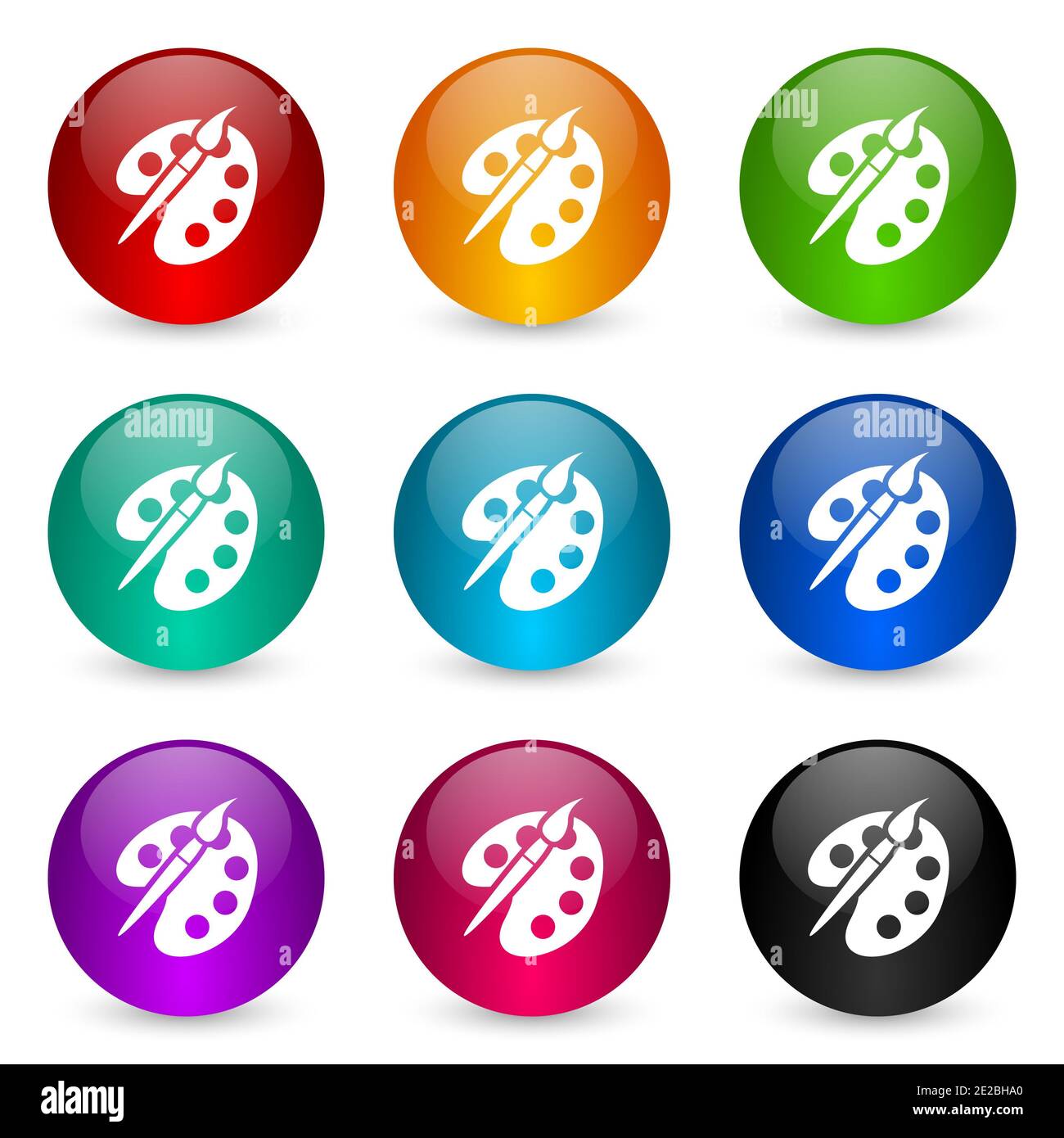 Paint brush, palette, art icon set, colorful glossy 3d rendering ball ...