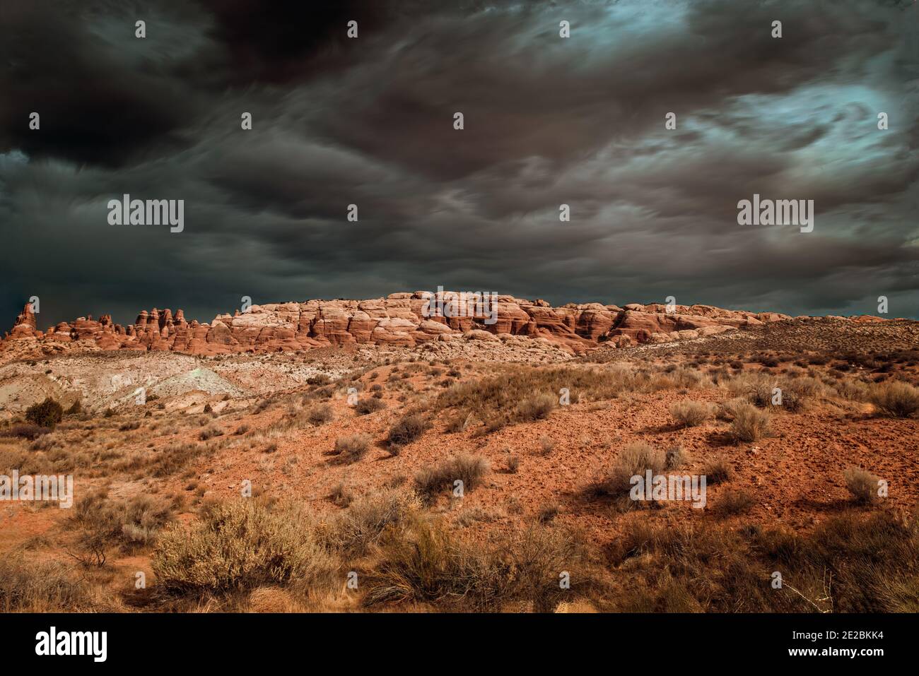 Dramatic thunderstorm clouds over the Arches National Park, Utah USA ...