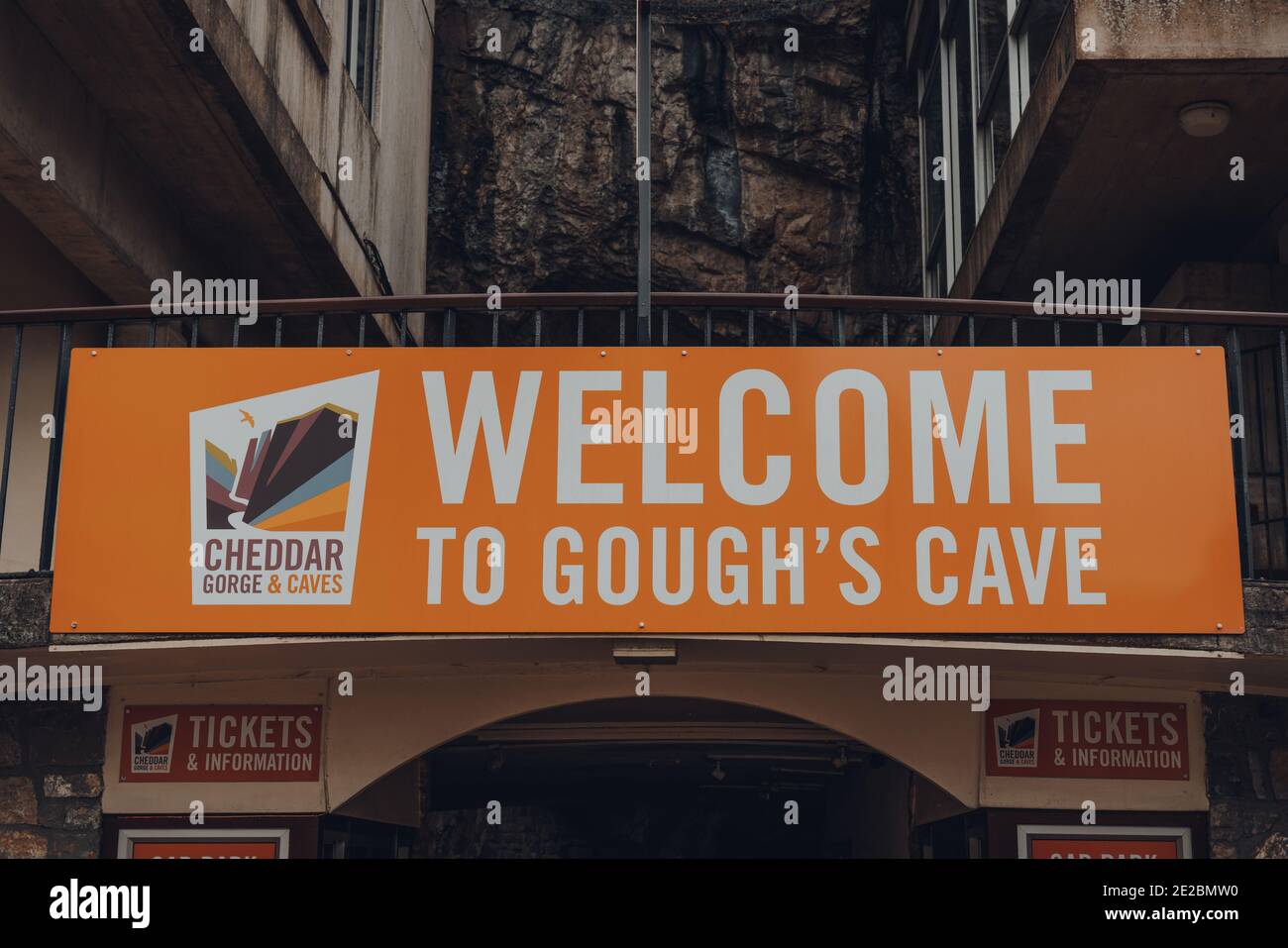 Cheddar, UK - July 26, 2020: Close up of Welcome sign outside the Gough ...