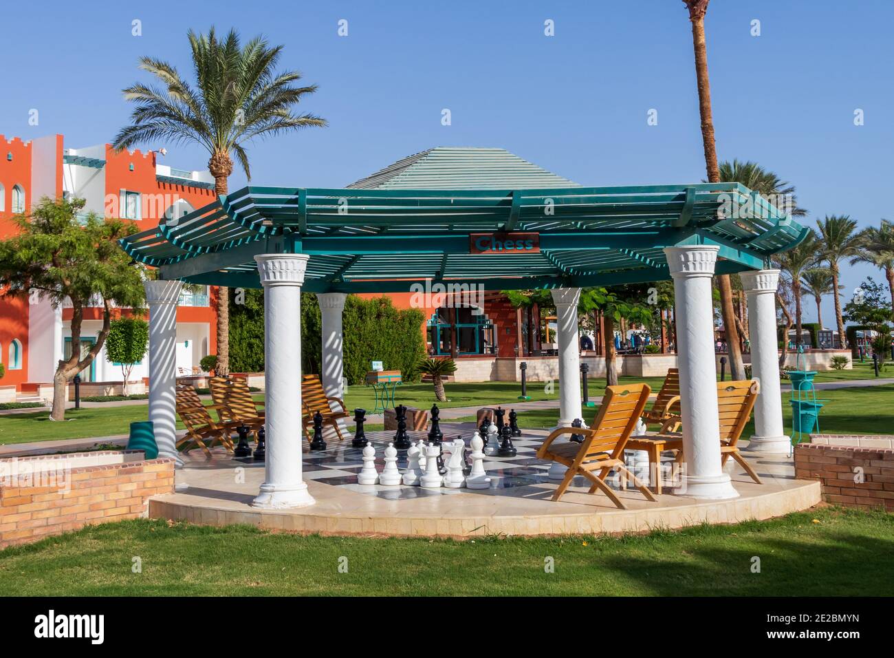 Outdoor giant chess board with the big plastic pieces in the park Stock ...