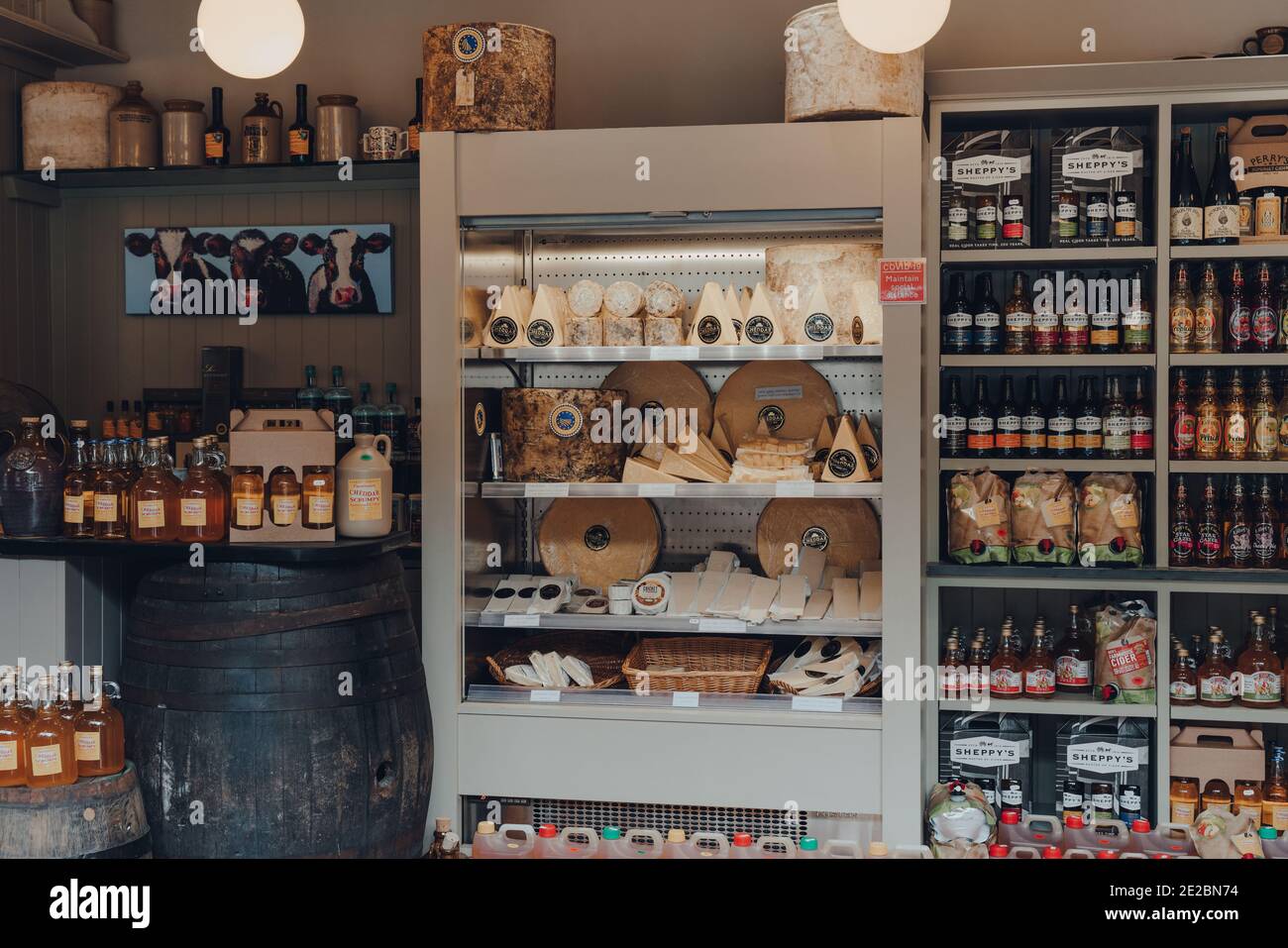 Cheddar, UK - July 26, 2020: Local cheese an products inside The ...