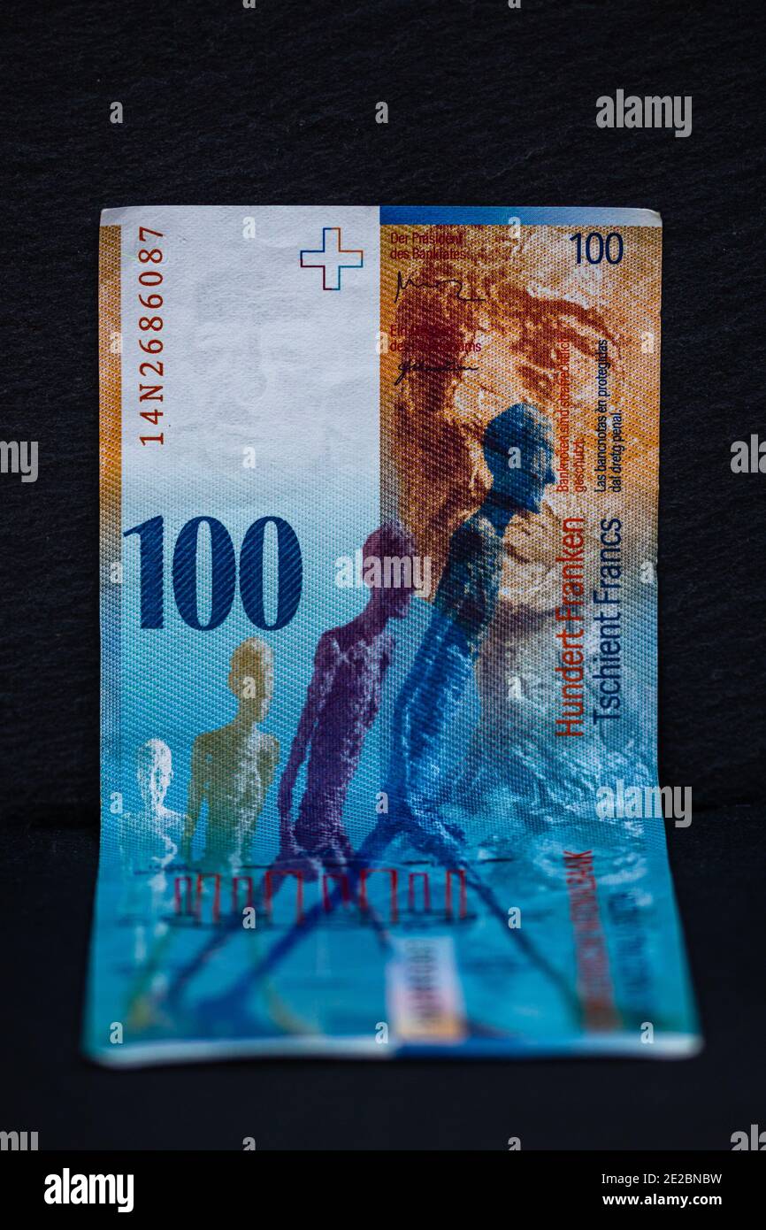 Selective focus on detail of 100 swiss franc banknote. Close up macro ...