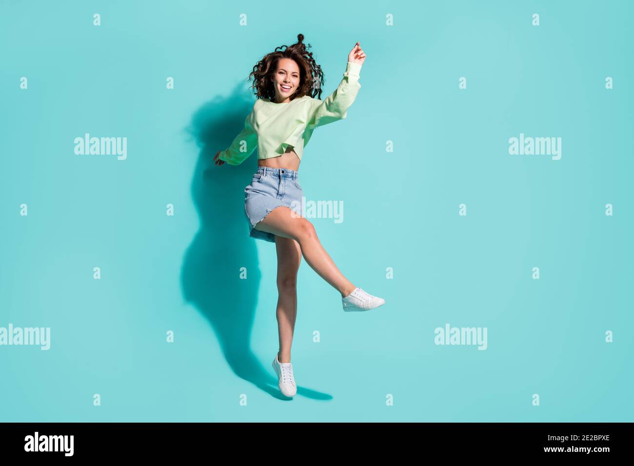Full length body size photo of brunette curly girl dancing at party ...