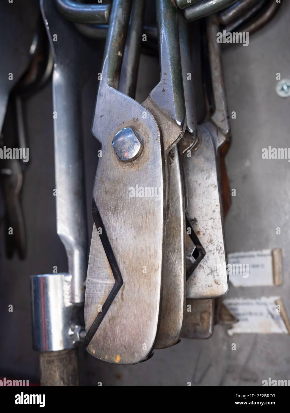 Set of glass cutters and scissors for shaping hot glass on glassblower ...