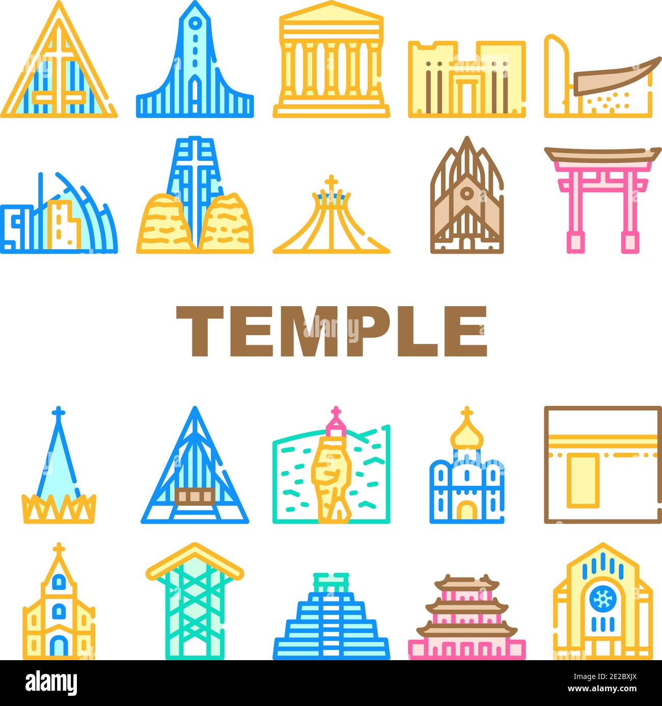 Temple Construction Collection Icons Set Vector color Stock Vector ...