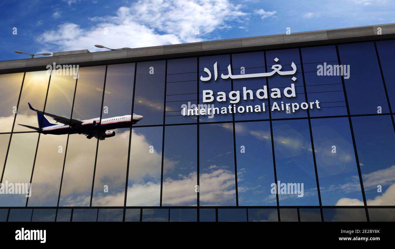 Jet aircraft landing at Baghdad, Iraq 3D rendering illustration ...
