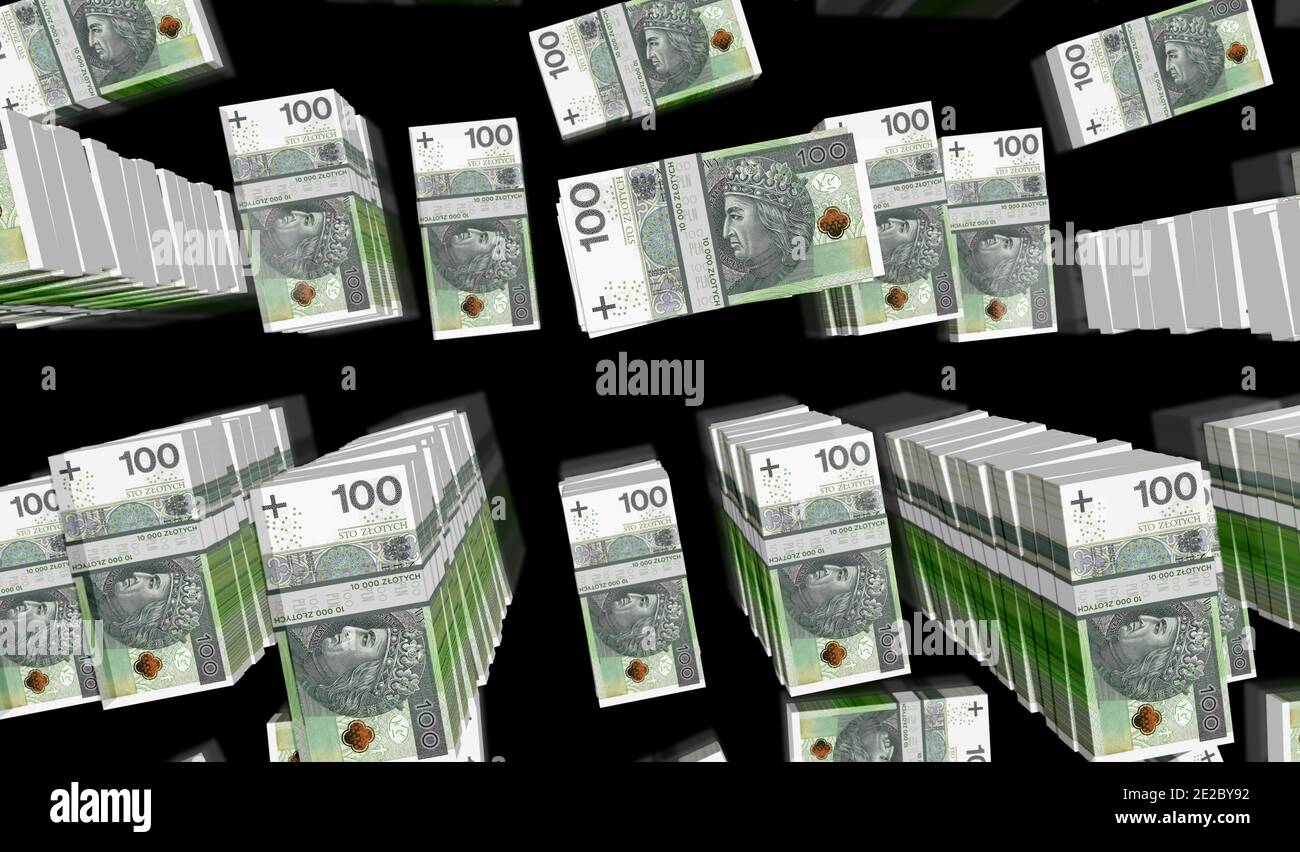 Polish Zloty PLN money pack 3d illustration. 100 PLN banknote bundle ...