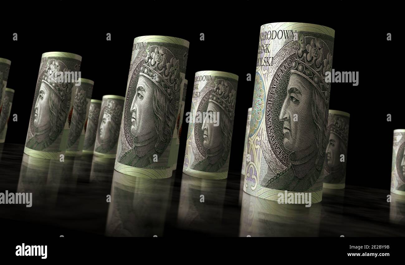Polish Zloty rolls 3d illustration. Money on the table. Camera between ...