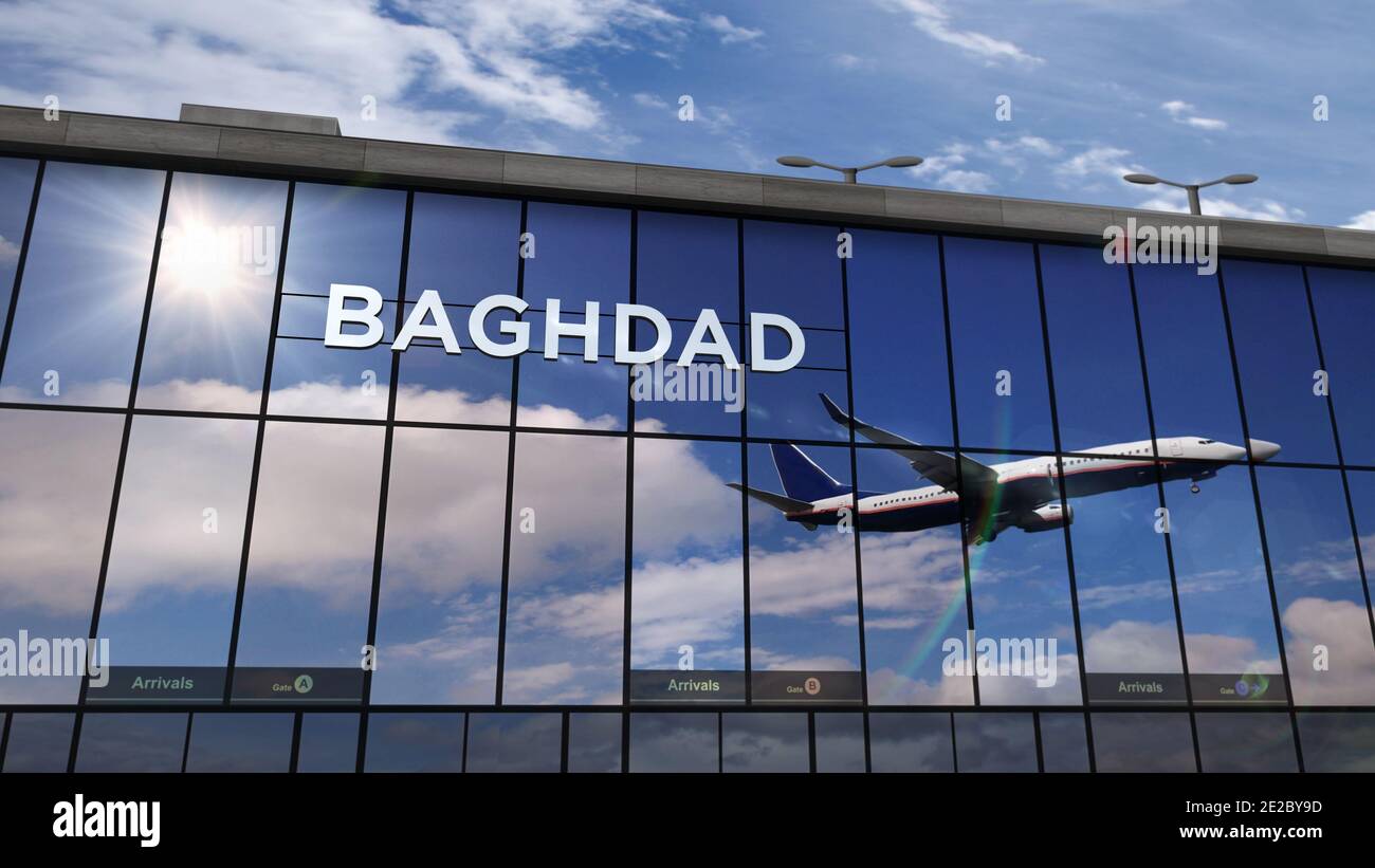 Jet aircraft landing at Baghdad, Iraq 3D rendering illustration ...
