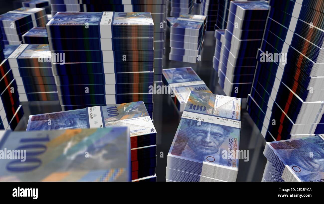 Swiss Franc, money pack 3d illustration. Switzerland 100 CHF banknote ...