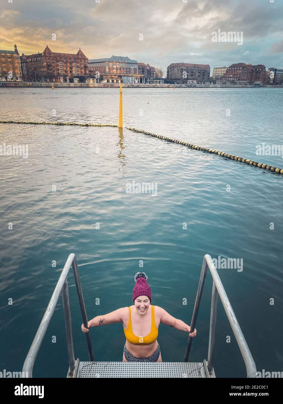 Happy Winter Bather At Sunrise Getting In Water in Copenhagen, Denmark ...