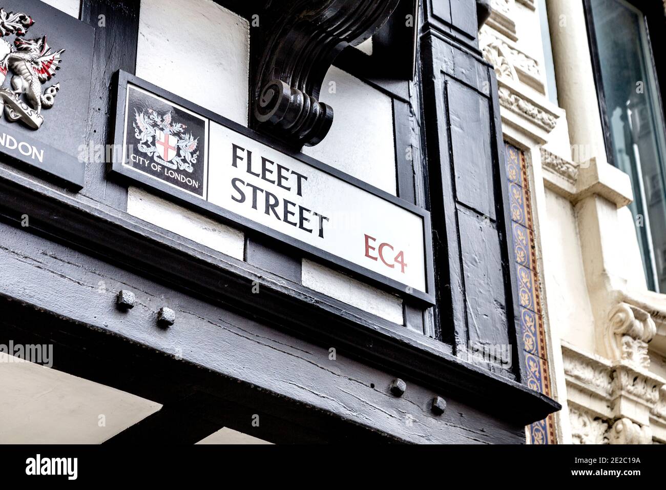 Sign for Fleet Street on exterior of Jacobean style building housing ...