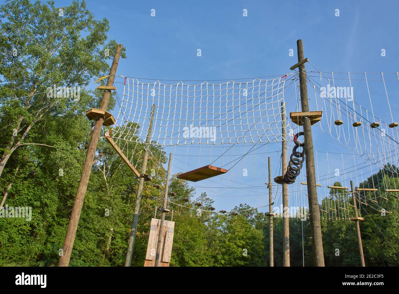 Camp team Building Course. High Ropes ground level/wide-angle photo ...