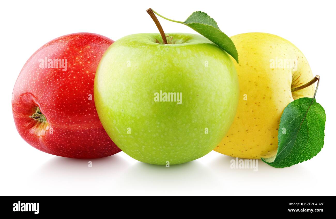 Colorful apples with leaves isolated on white background. Red, green ...