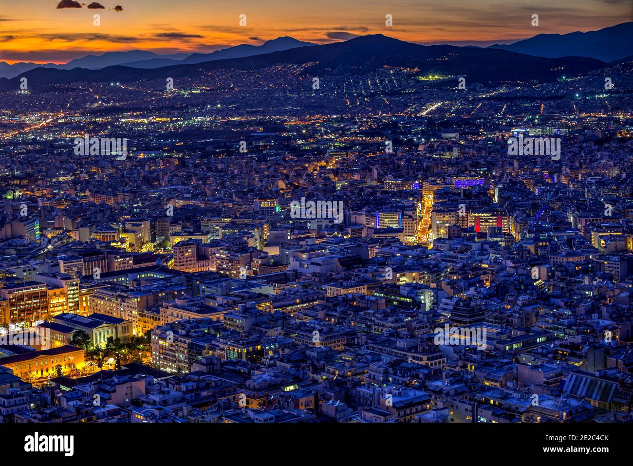 Aerial view of Athens at the blue hour. Photo taken in 1st of December ...