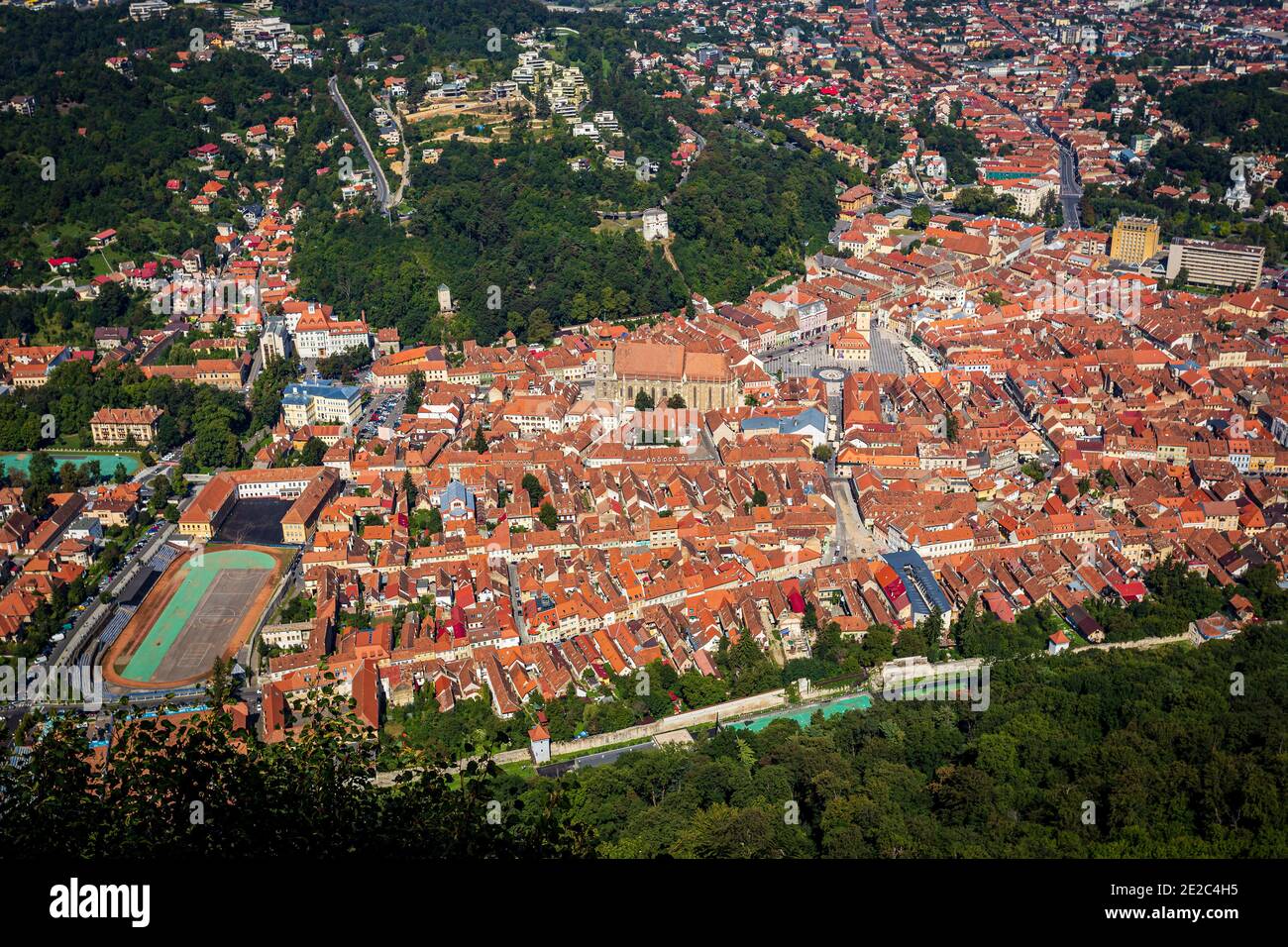 Aerial view of the old city of Brasov with the main square (Piata ...