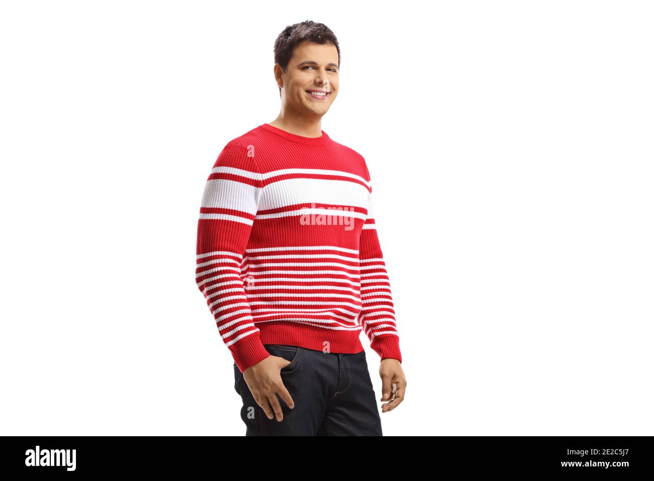 Young man in a red sweater isolated on white background Stock Photo - Alamy