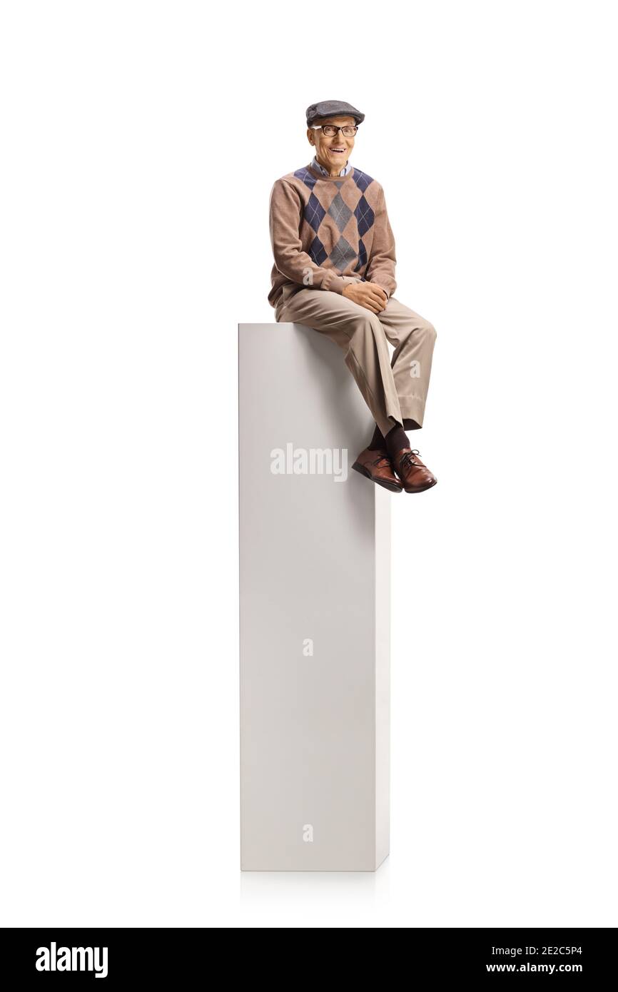 Male pensioner sitting on a column isolated on white background Stock ...
