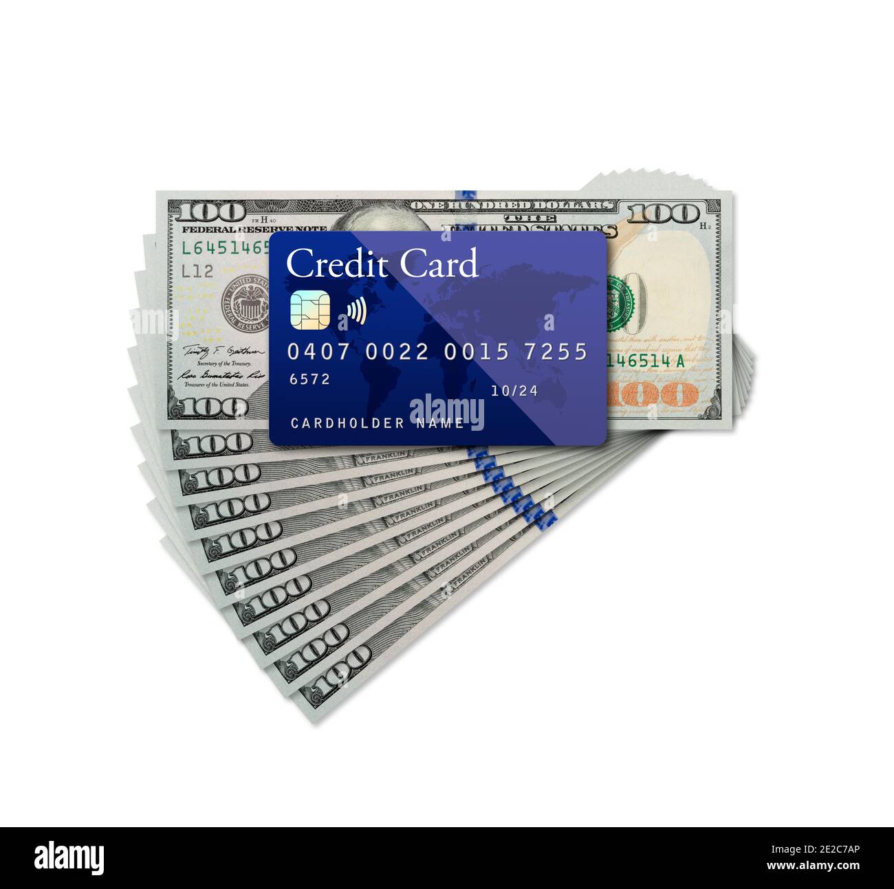 Mockup Blue Credit Card Resting on One Hundred Dollar Bills on White ...